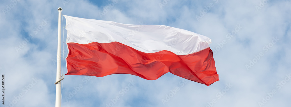 Flag of Poland waving at wind against beautiful blue sky. Polish flag ...