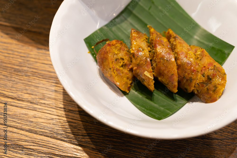 Thai fresh sour pork (Nham), traditional Thai style food. fried ...