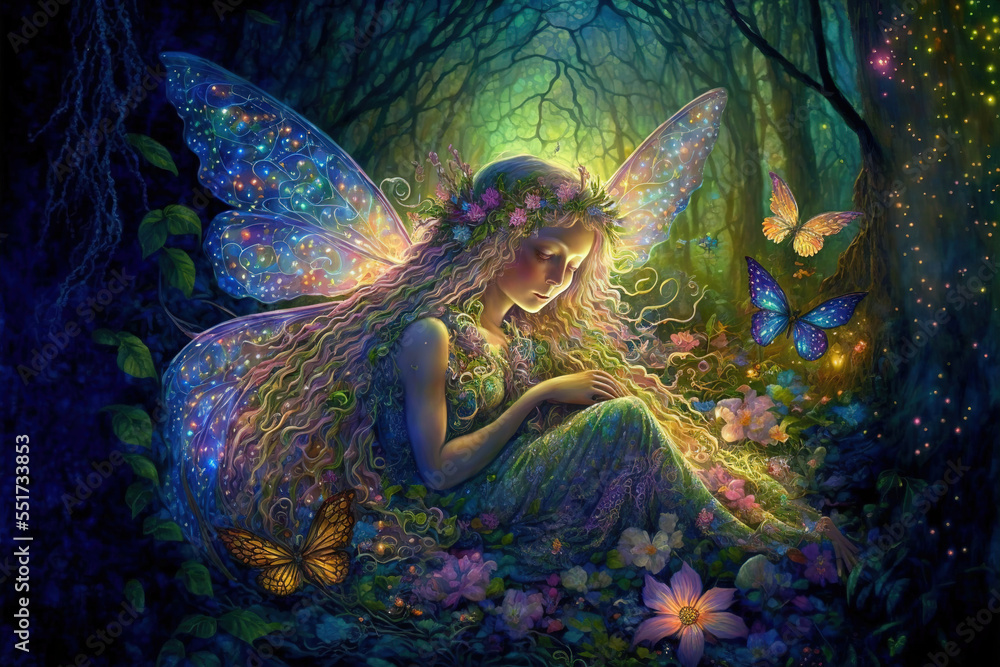 Fairy with wings in an enchanted magical forest. Digital artwork Stock ...