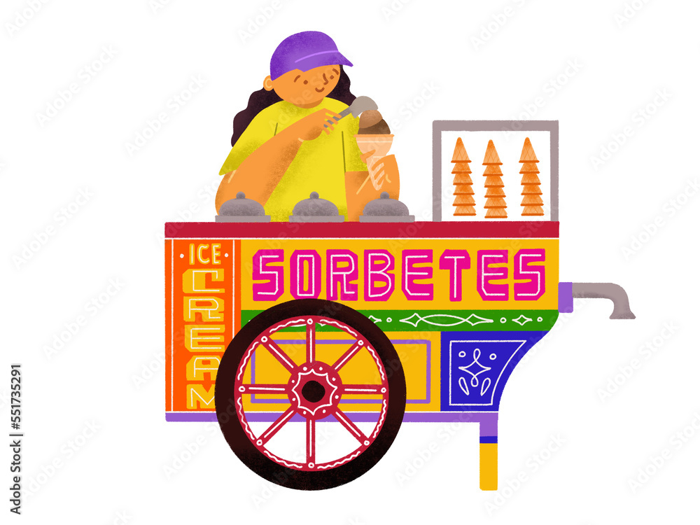 Filipino sorbetes cart side view illustration in rainbow colors with ...
