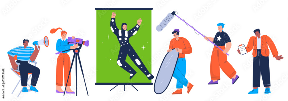 Film crew recording movie. Cinema production team with woman with ...