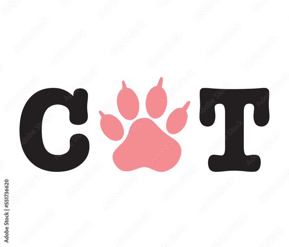 Text cat with animal paw print. The trace of a pet in the word cat ...