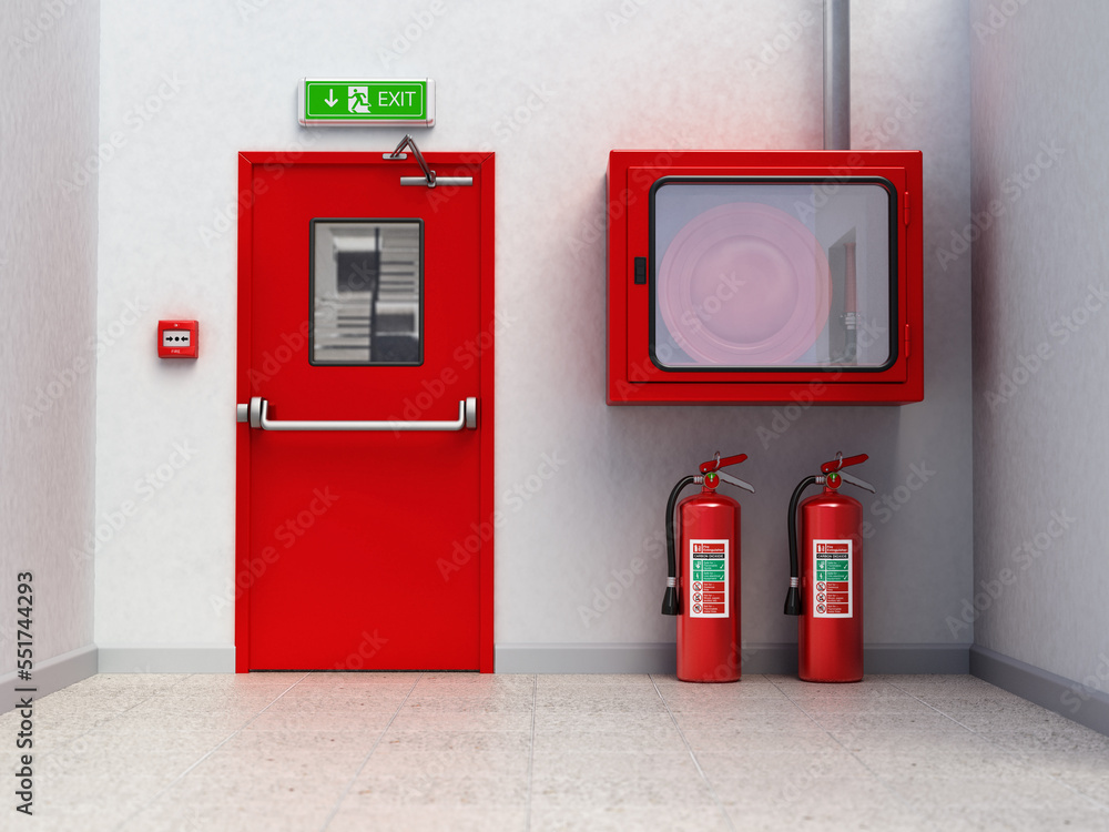 Fire exit door, exit sign, emergency fire button, extinguishers and ...