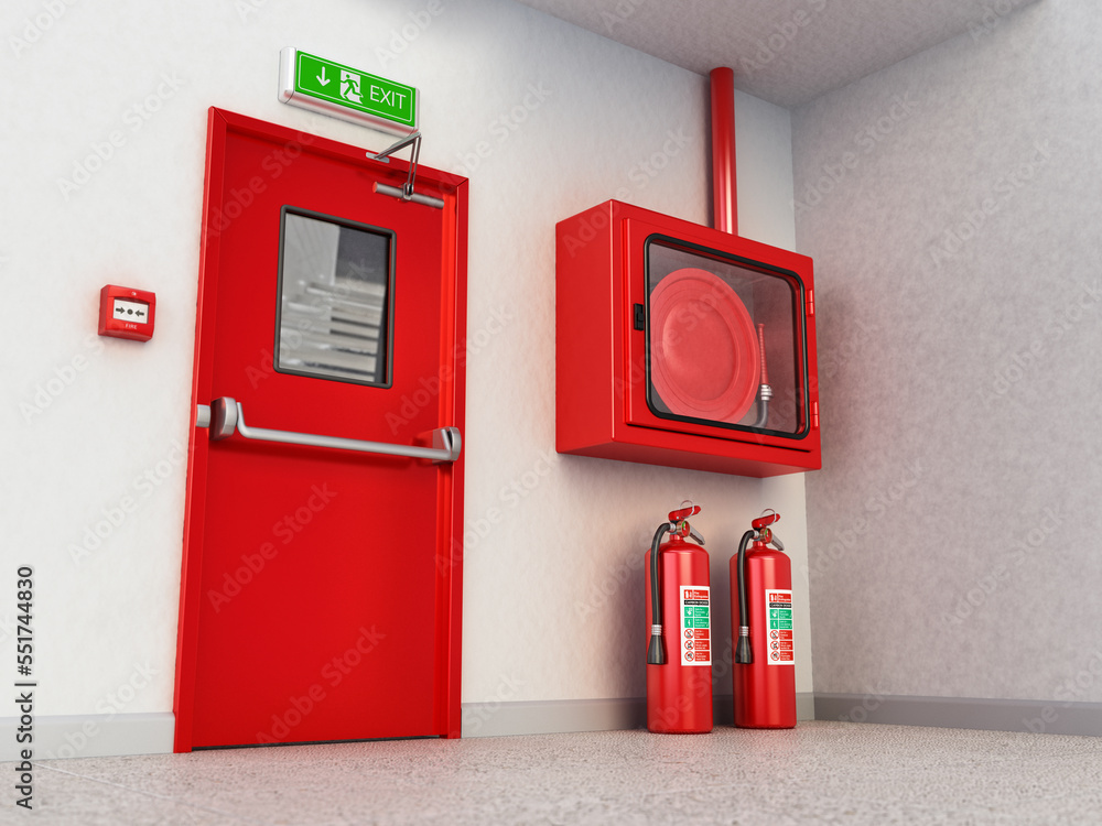 Fire exit door, exit sign, emergency fire button, extinguishers and ...