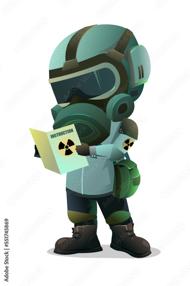 Man in gas mask reads radiation instruction. Character in chemical ...