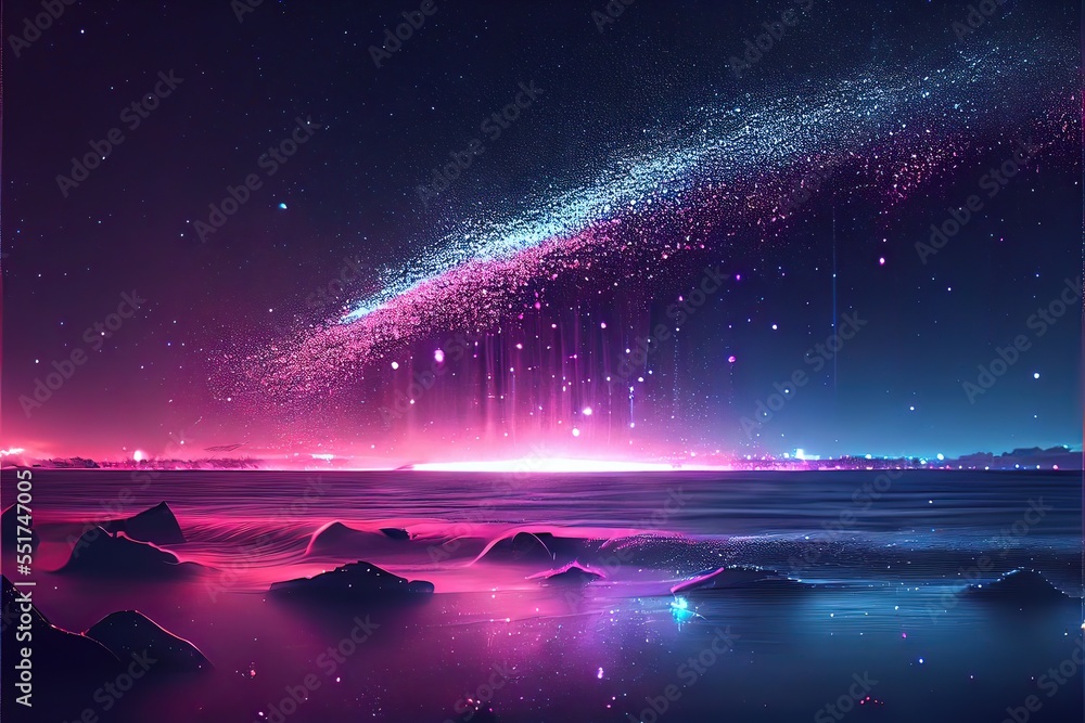 Blue and pink purple meteor shower falls down with glittering particles ...