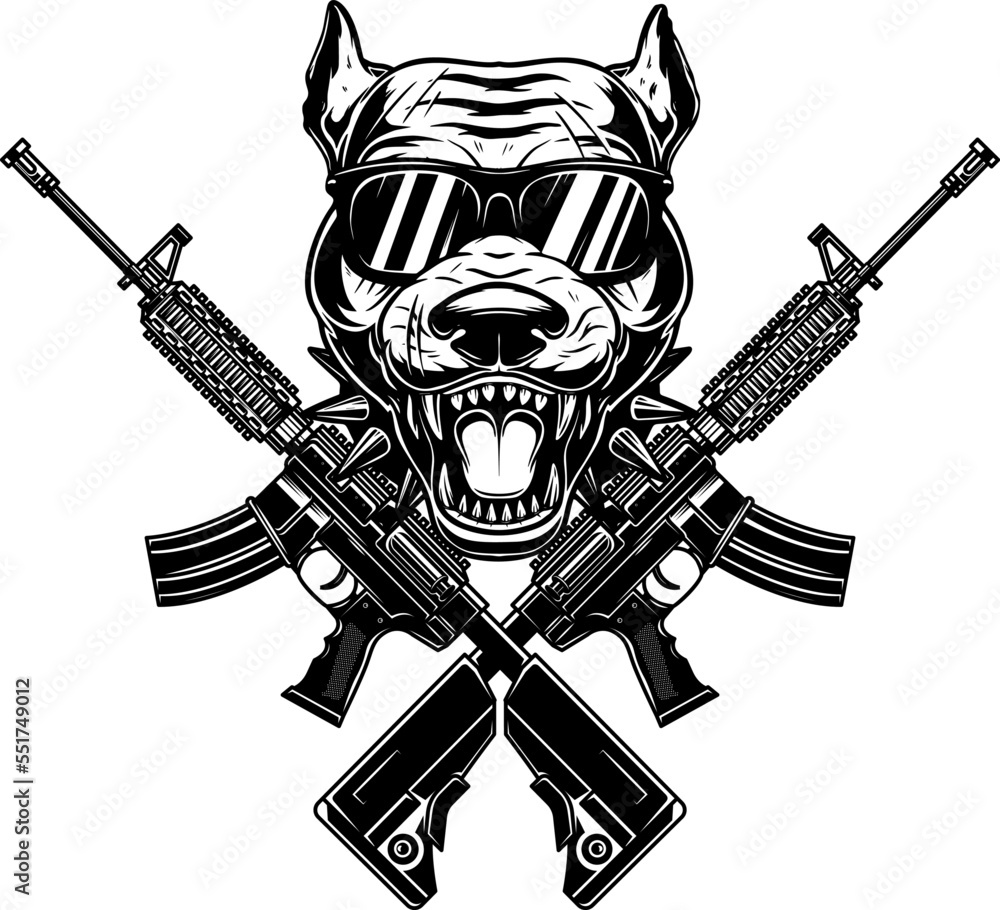 Angry dog head with crossed assault rifles. Design element for poster ...