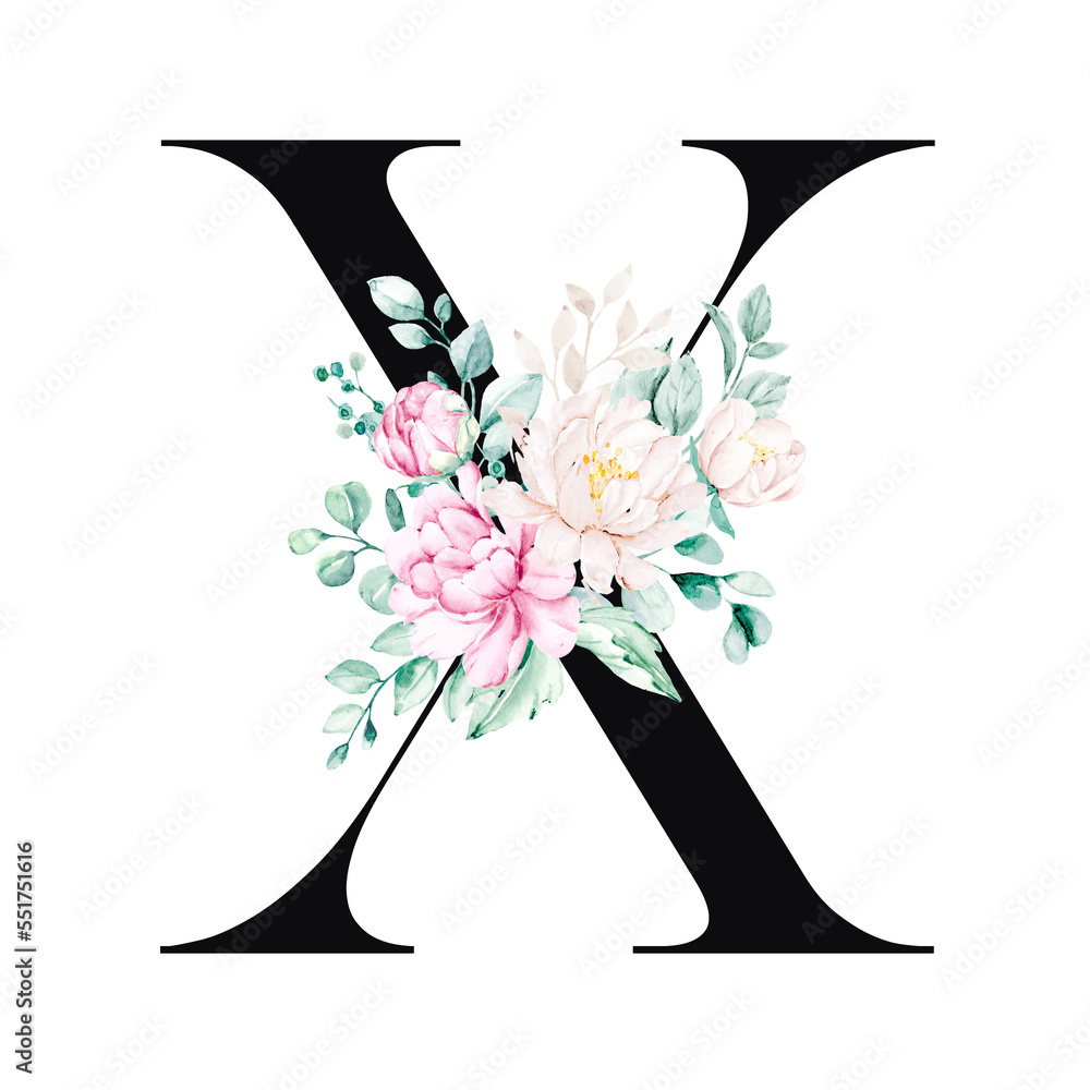 Floral alphabet, letter X with watercolor flowers and leaf. Monogram ...