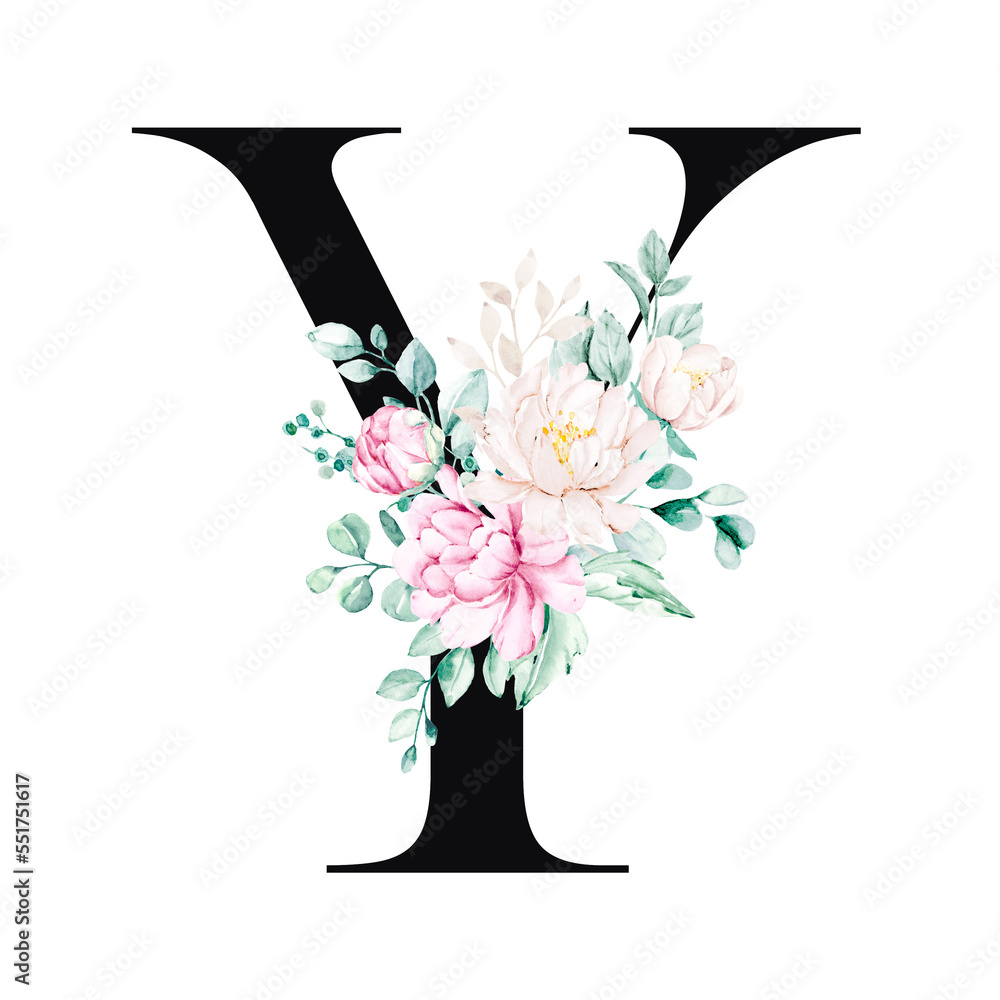Floral alphabet, letter Y with watercolor flowers and leaf. Monogram ...