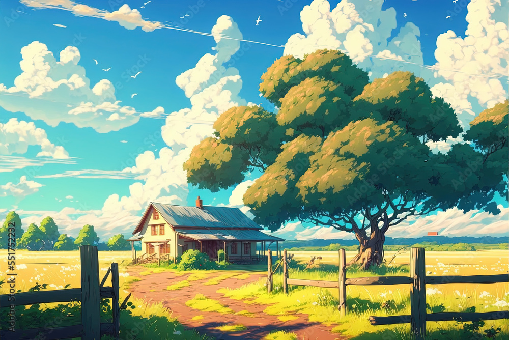 Country house at Nature. Clear Sunny day, Sky with Movie Atmosphere and ...