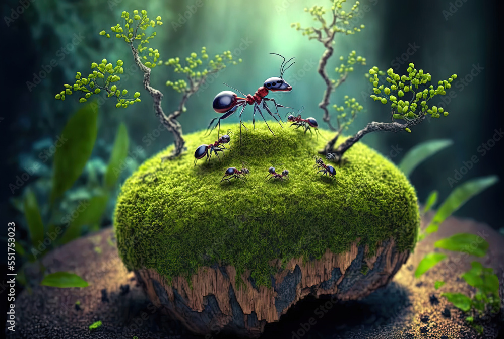 Red ants are seen running on a blueberry bush's old stump as a green ...