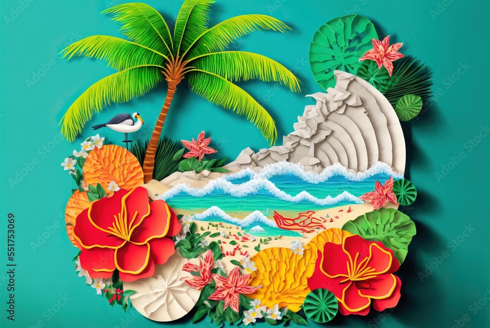 Tropical island paper cutout collage - origami flowers and palm leaf ...