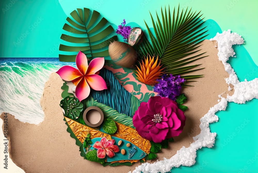 Tropical island paper cutout collage - origami flowers and palm leaf ...