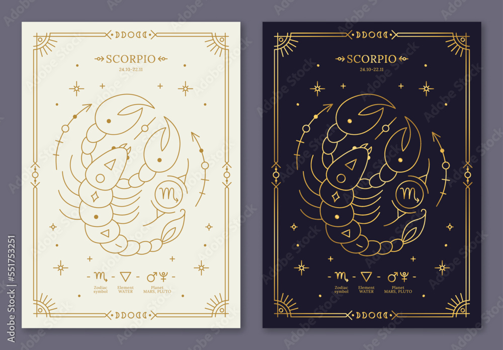 Scorpio zodiac horoscope golden signs on dark navy and white cards set ...