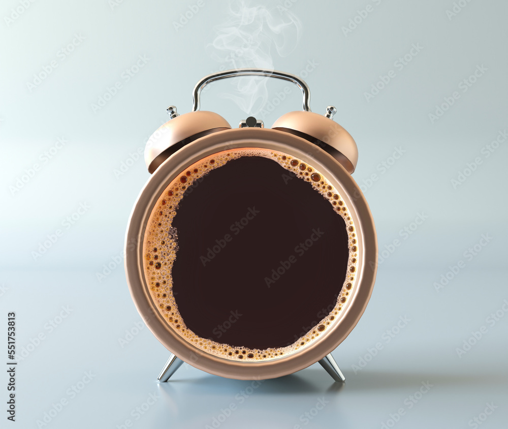 Coffee clock metal gold on grey. 3d illustration. Hot coffee in a retro ...