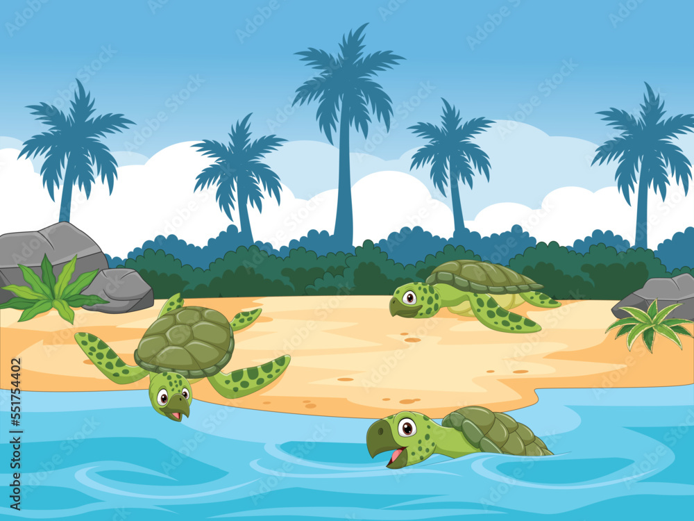 Cartoon sea turtles on the beach Stock Vector | Adobe Stock
