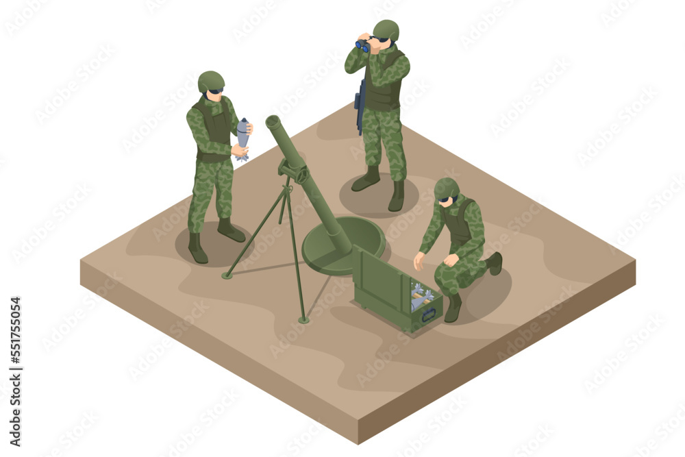 Isometric Soldiers mortar crew. Mortar gun. Special force crew. Mortar ...