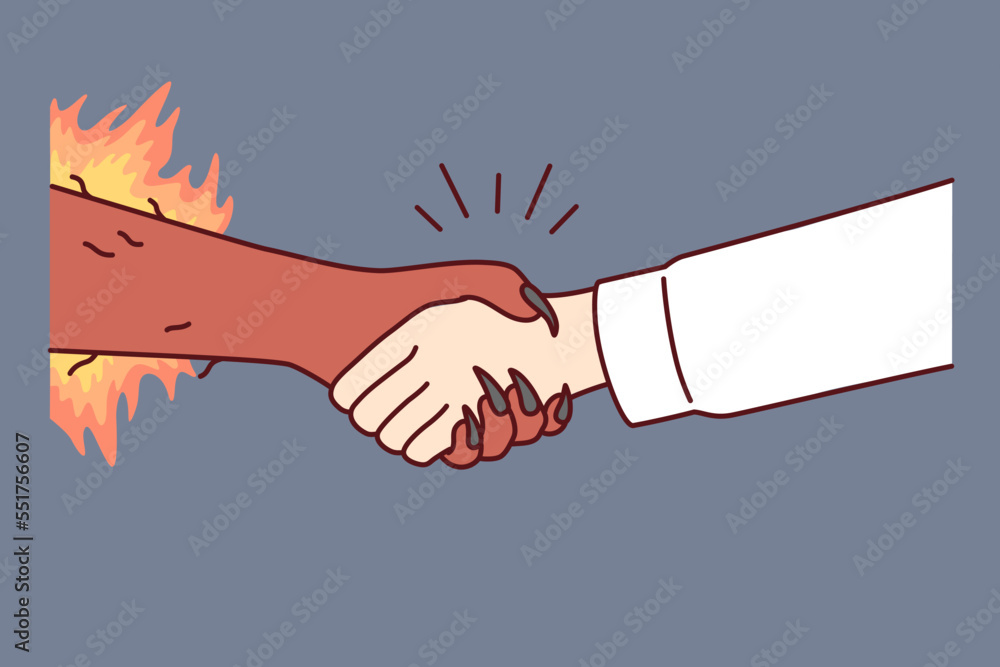 Handshake between man and devil symbolizes risky deal or dangerous ...