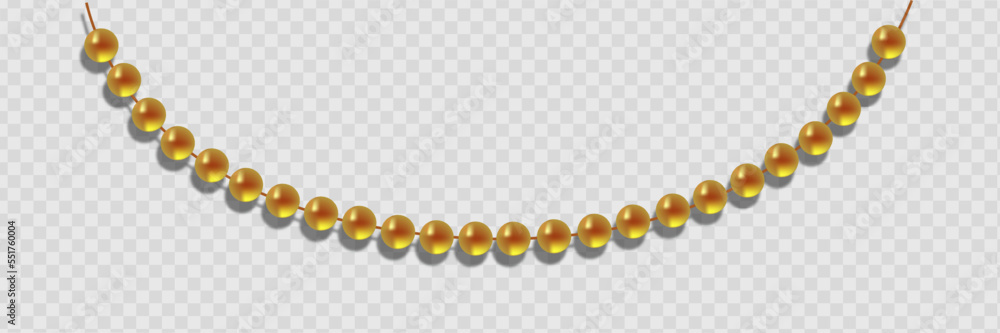 Gold beads on a white background. A beautiful chain of yellow color ...