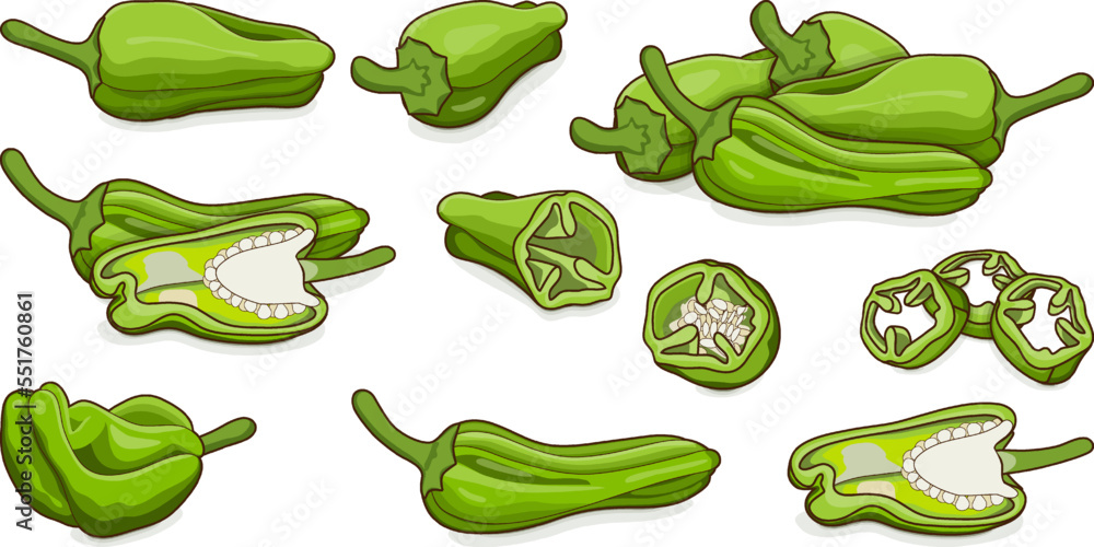 Set with whole, half, quarter, slices of Green small Padron peppers ...
