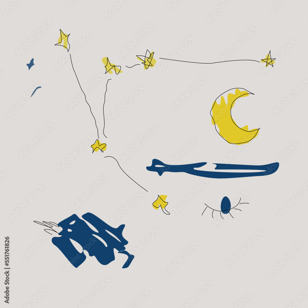 Vector childish hand drawing of night sky, linked stars, moon and ...