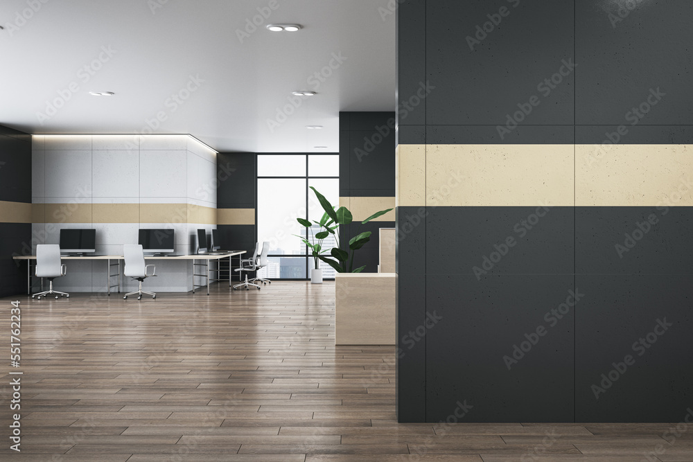 Luxury office lobby interior with furniture, reception desk, window ...