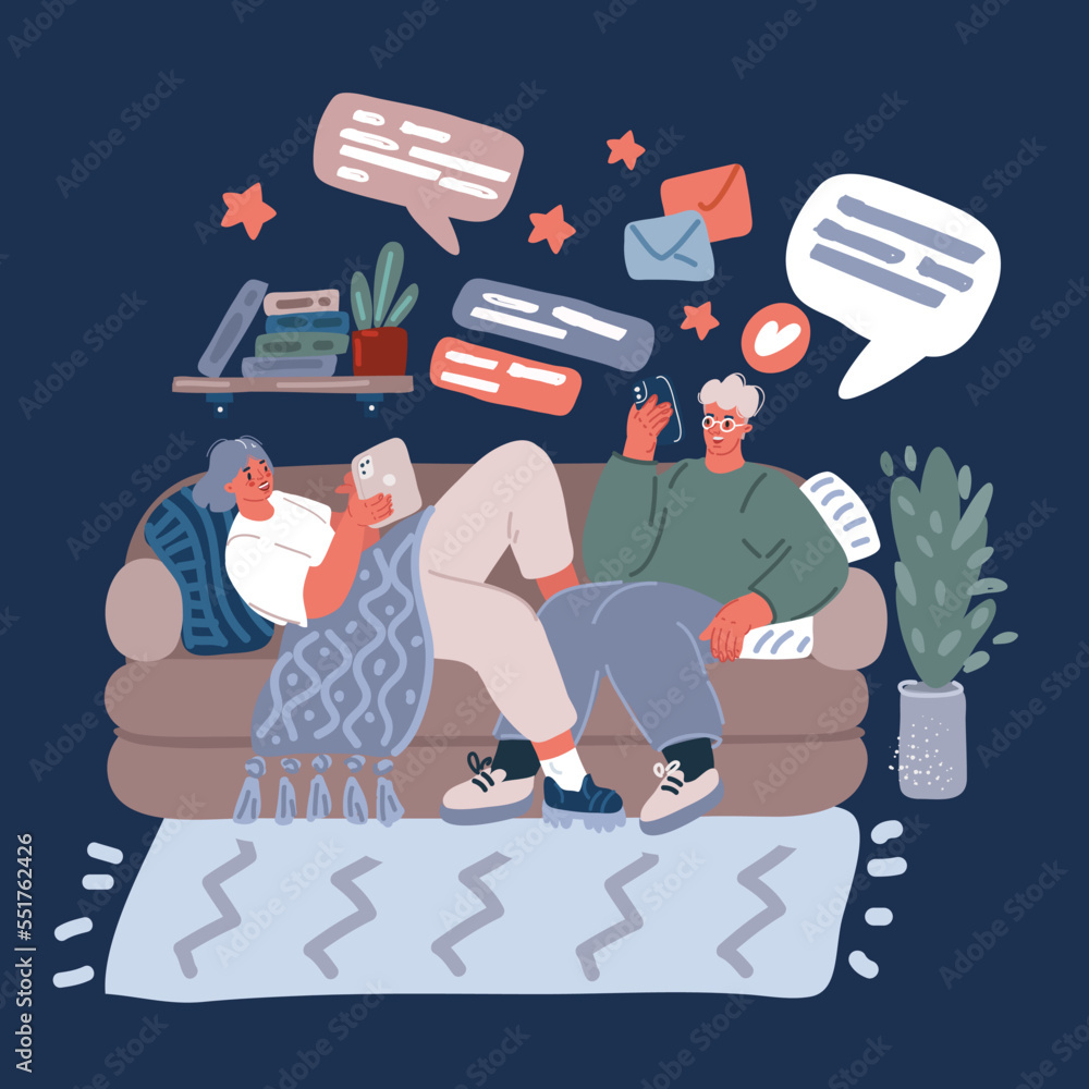 Cartoon vector illustration of Man and woman laying the couch with ...
