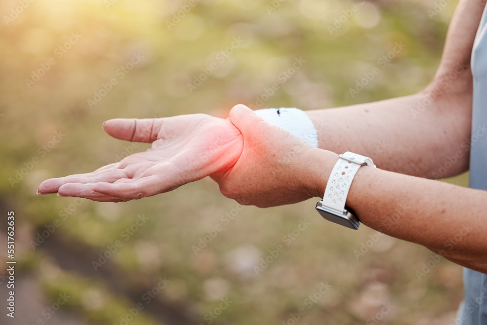 Fitness, wrist pain and injury with hands of woman for sports, sprain ...