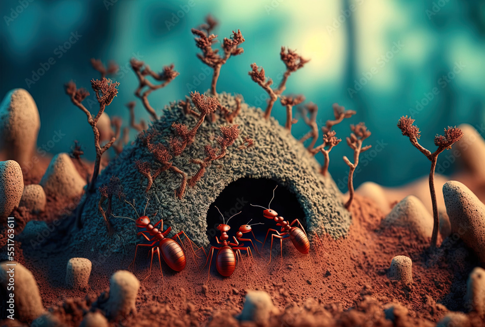 Red forest ants on an anthill in a forest, part of the ecosystem that ...