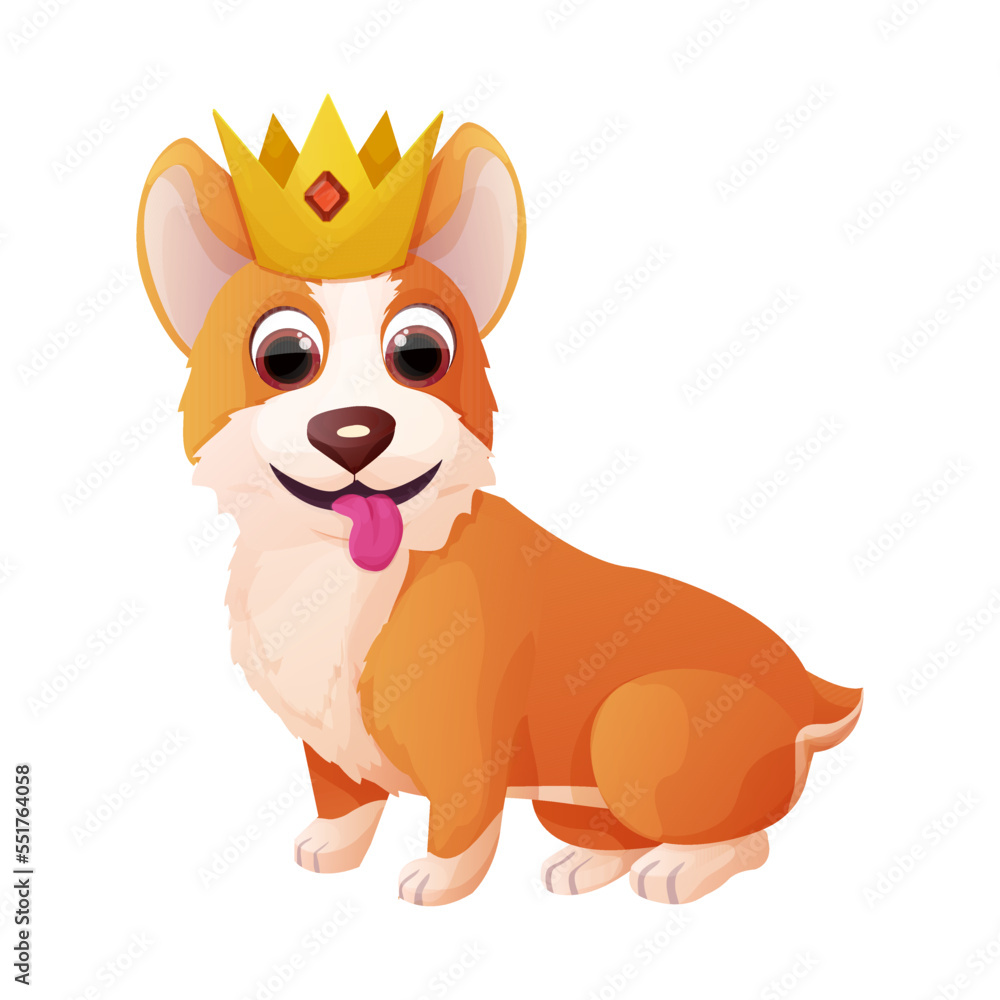 Cute royal corgi dog with crown sitting, adorable pet in cartoon style ...