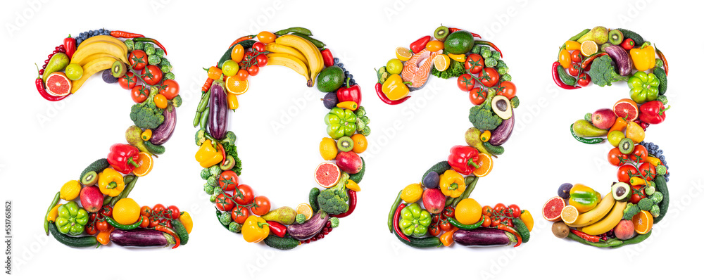 New year 2023 made of fruits and vegetables, fish. Healthy food. New ...