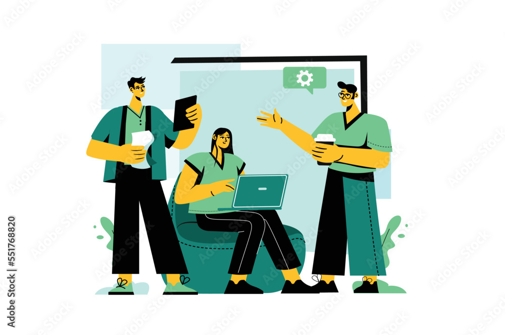 Teamwork green concept with people scene in the flat cartoon style ...