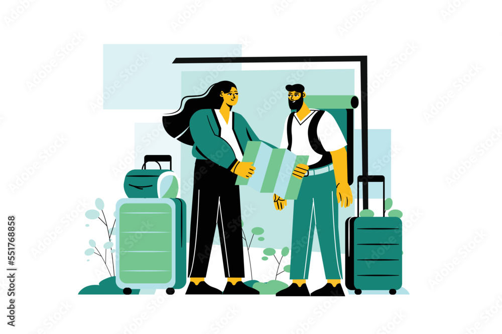 Travel green concept with people scene in the flat cartoon design ...