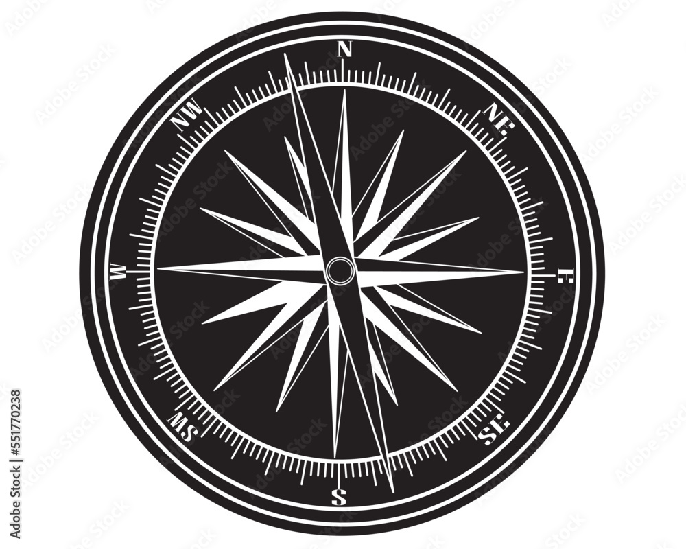 Black silhouette of Realistic compass isolated on white background ...