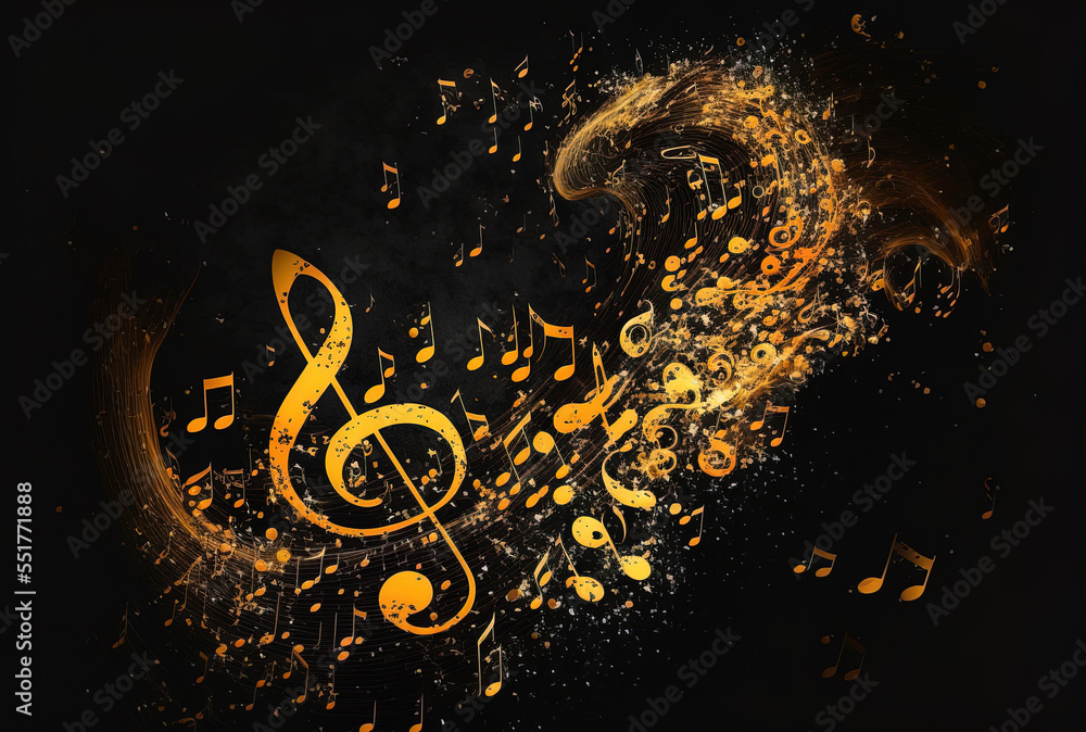 Yellow music notes moving across a dark background. Generative AI Stock ...