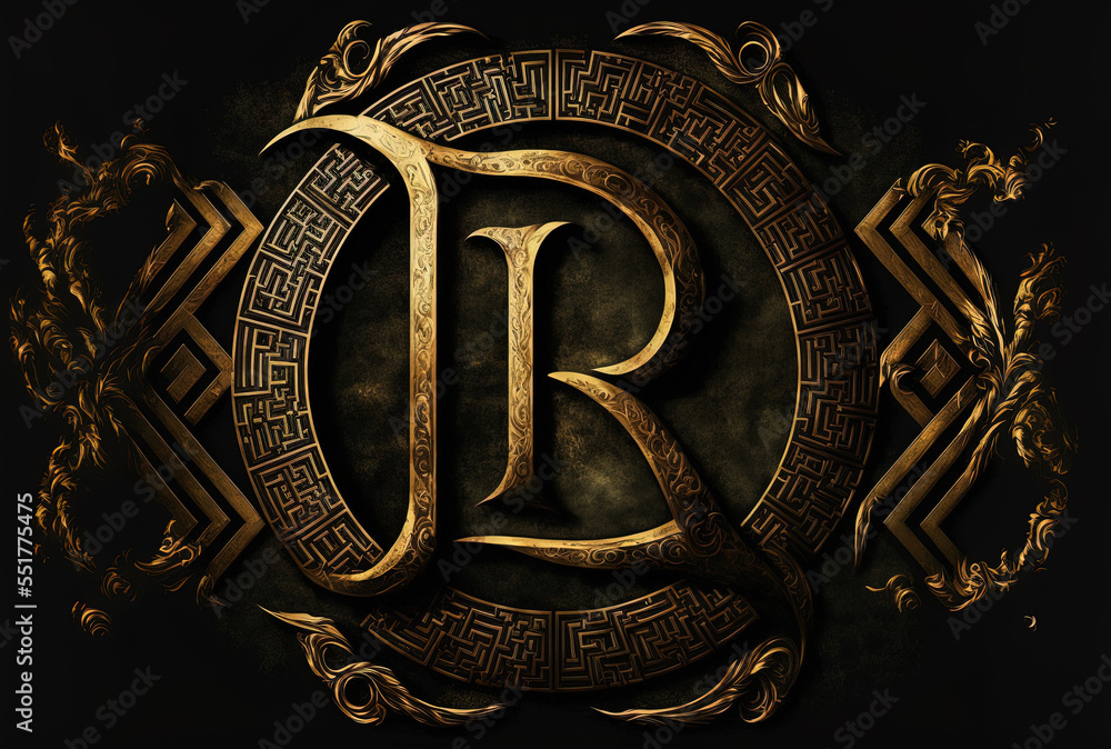 Greek alphabet symbol, eta sign, abstract gold design with a dark ...