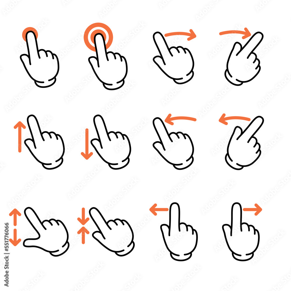 Touch gesture vector line icon set. Hand swipe and slide. Touchscreen ...