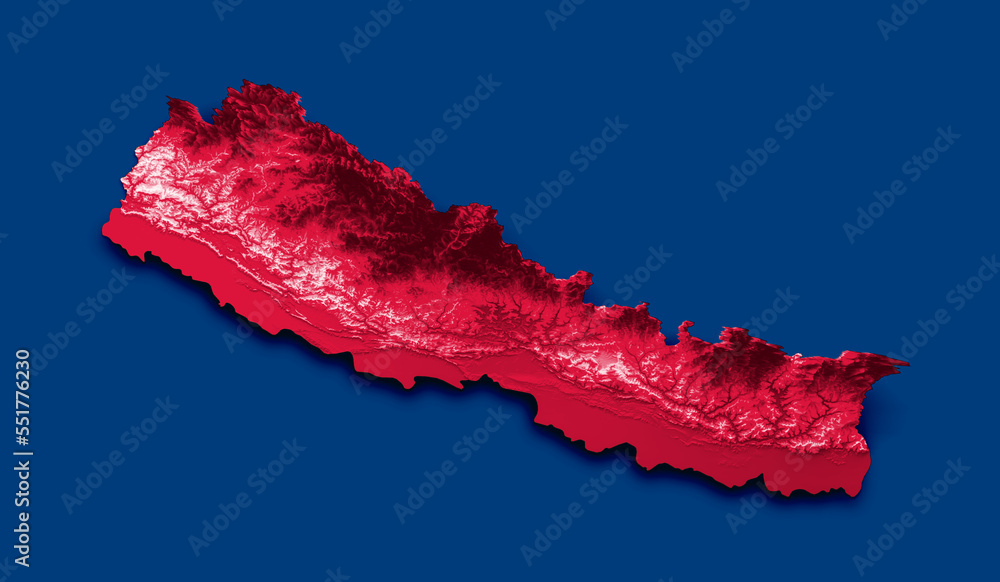 Nepal map with the flag Colors Blue White and Red Shaded relief map 3d ...