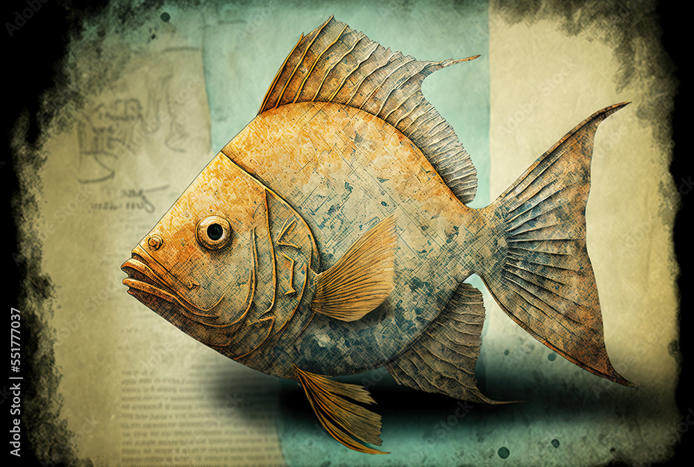 Remixed media of a hand drawn fish with crinkled paper texture ...