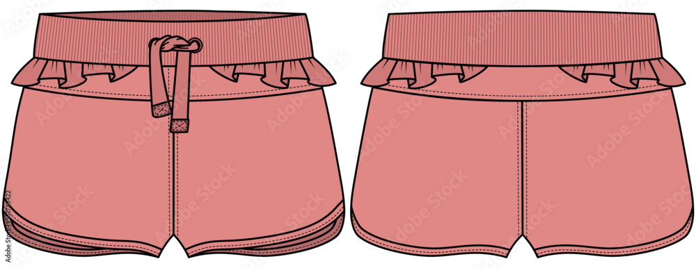 womens drawstring waist curved hem short pant with frill details flat ...