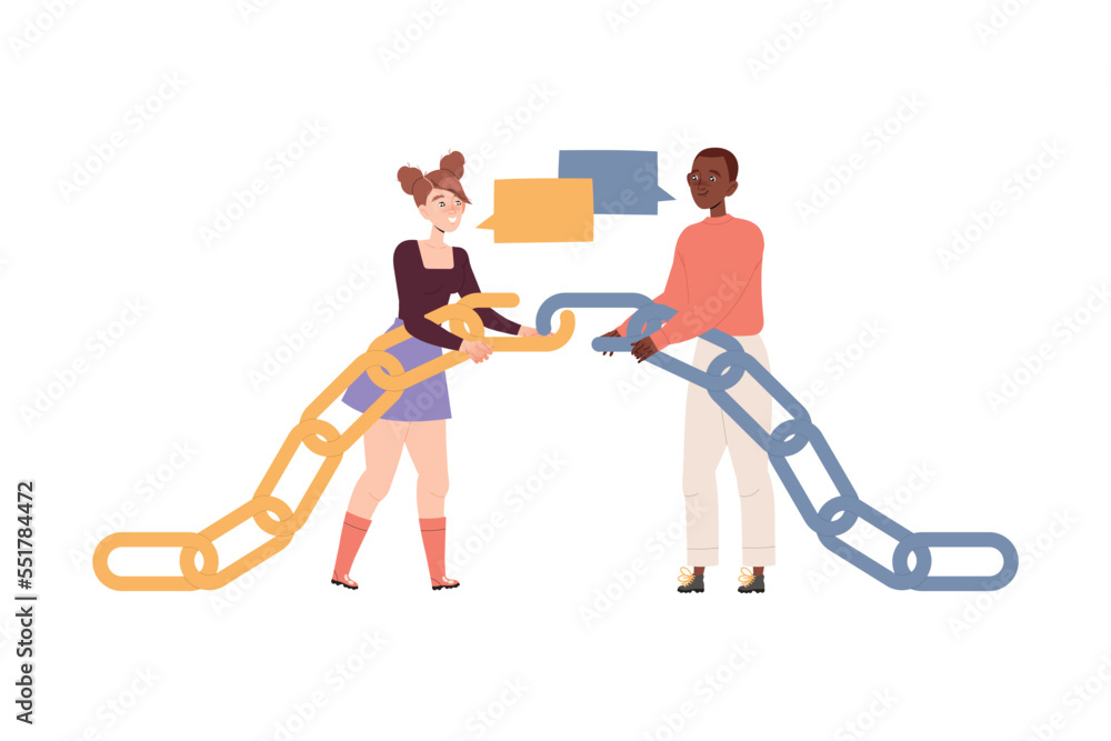 Man and Woman Characters Joining Chain Part Having Connections with ...