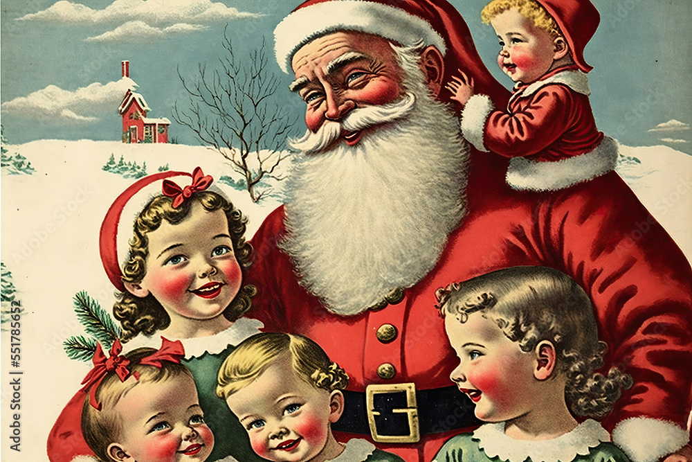 1950s painted vintage style christmas card with a fictional jolly santa ...