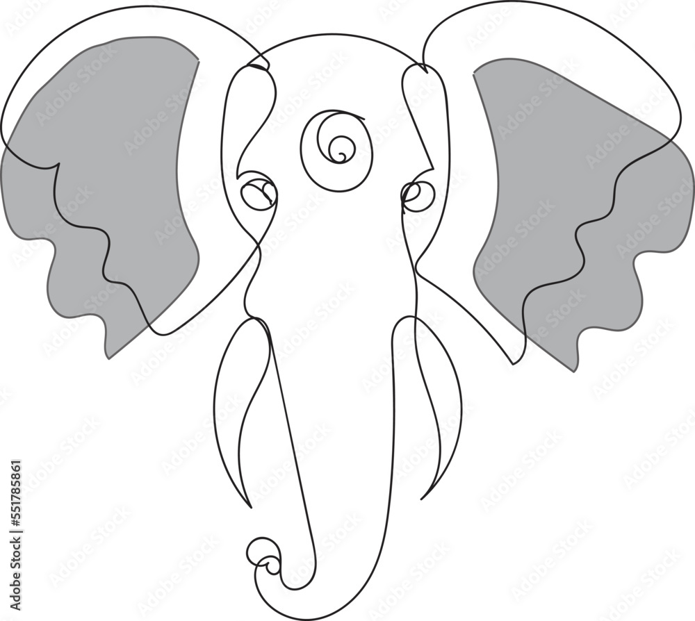 Vector black and white graphic illustration of a stylized elephant head ...