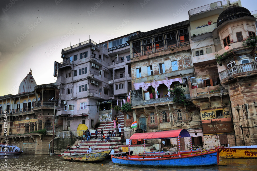 View of the main monuments and tourist spots of Varanasi (India). Holy ...