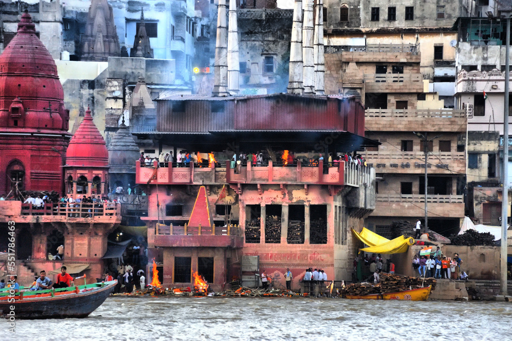 View of the main monuments and tourist spots of Varanasi (India). Holy ...