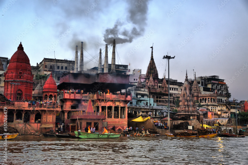 View of the main monuments and tourist spots of Varanasi (India). Holy ...