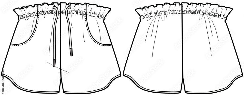 womens drawstring cinch waist shorts flat sketch vector illustration ...