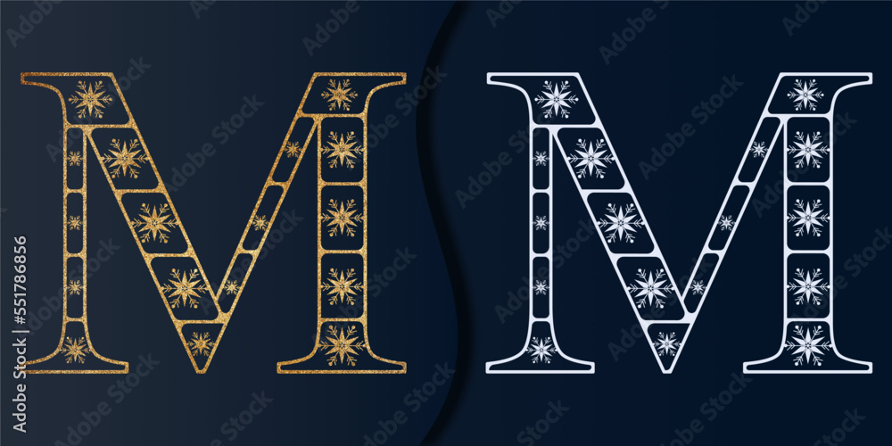 Snowflake Alphabet. Uppercase Golden Letter M. Christmas Font. Vector ...