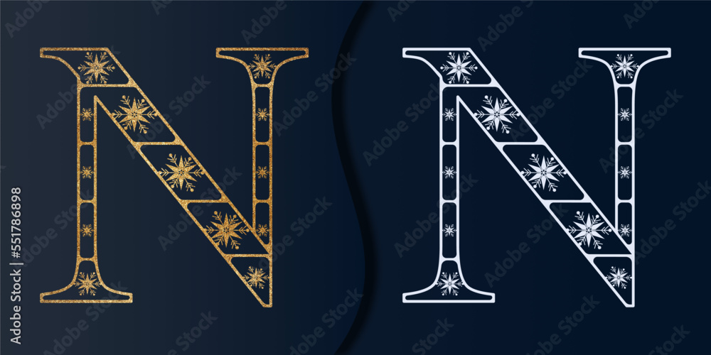 Snowflake Alphabet. Uppercase Golden Letter N. Christmas Font. Vector ...