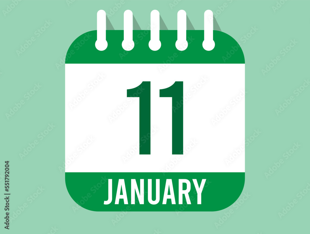 11 January day calendar icon. Calendar page in green color for the days ...